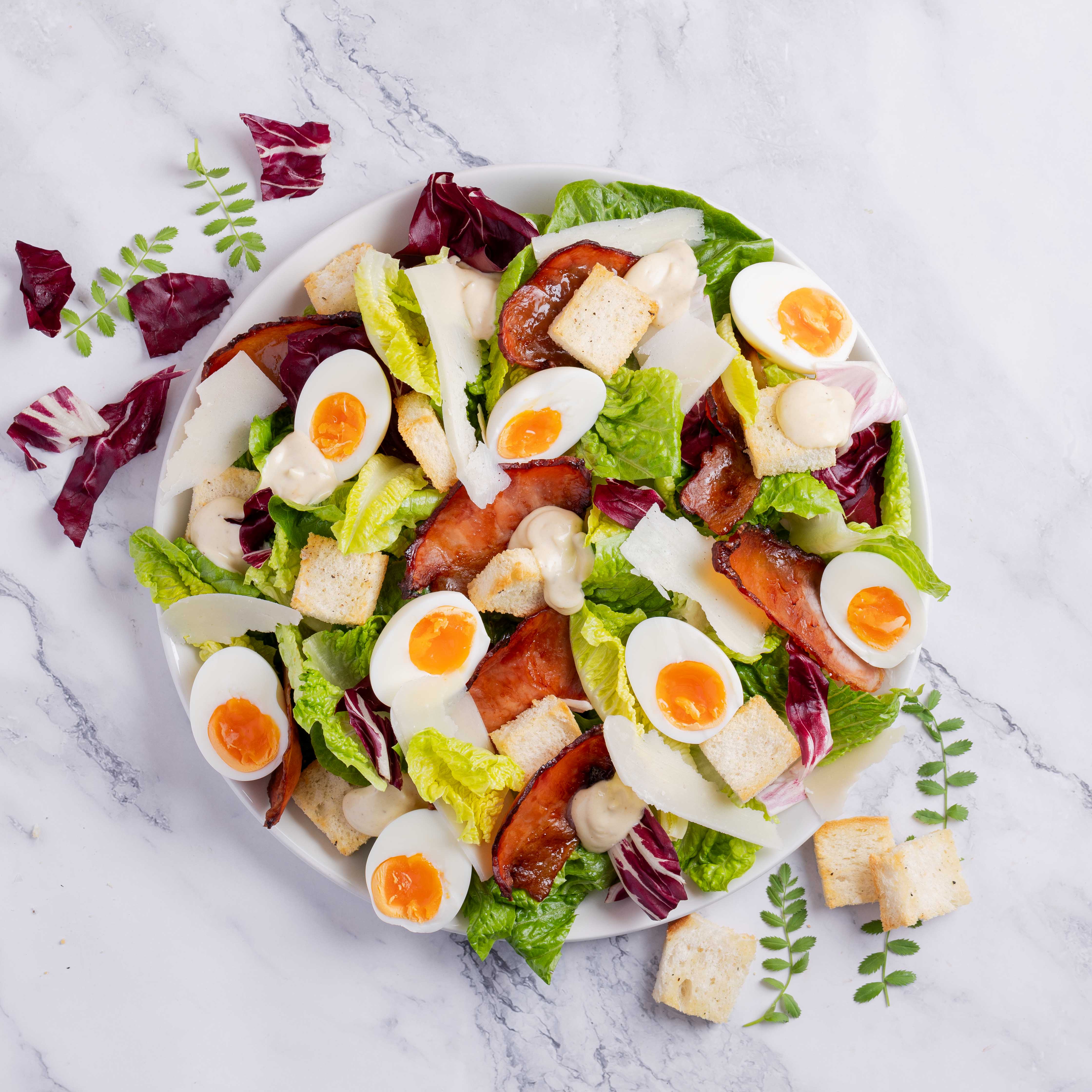 Caesar salad with maple bacon, shaved Parmesan, soft boiled egg ...