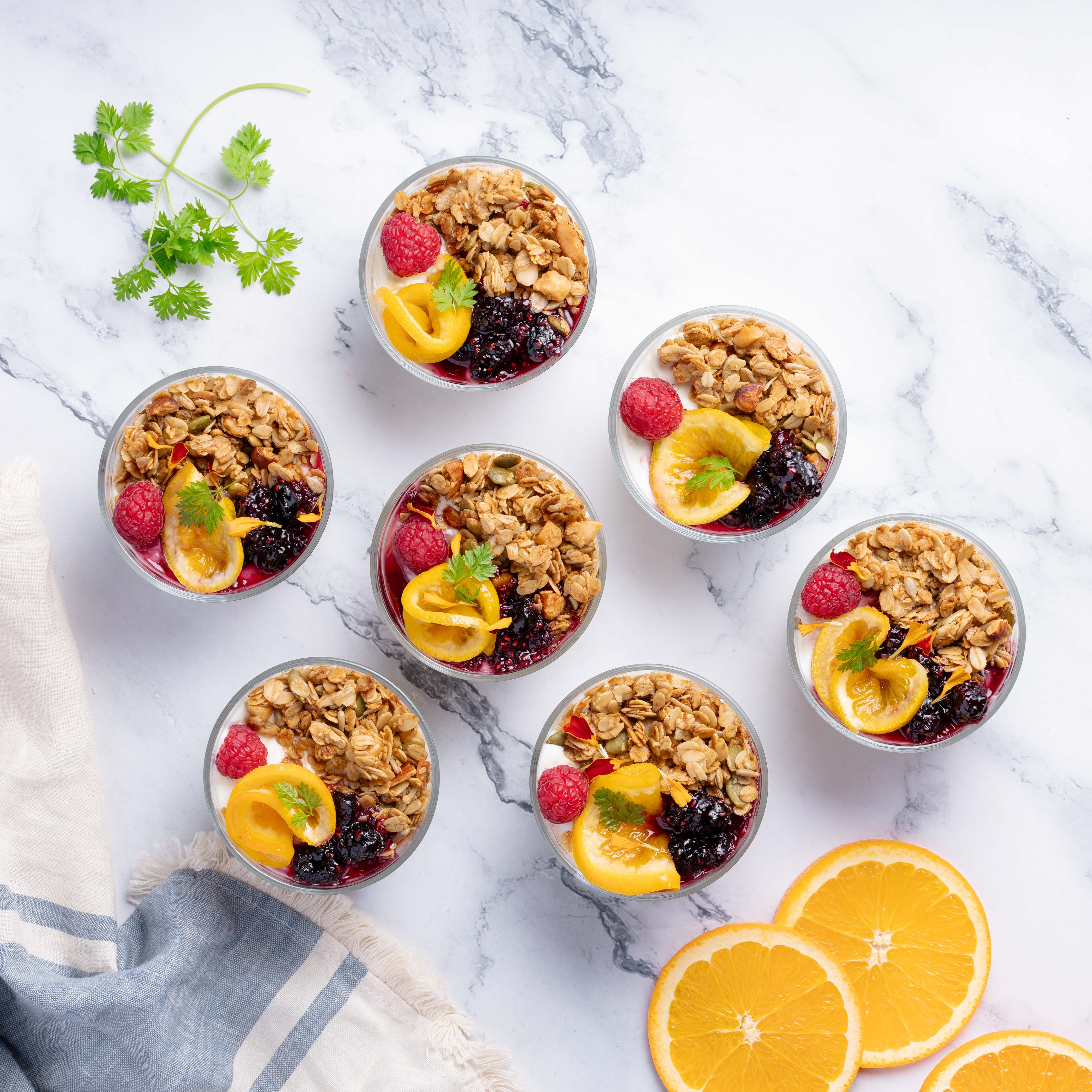 Mini granola and yoghurt pots with mixed berry compote