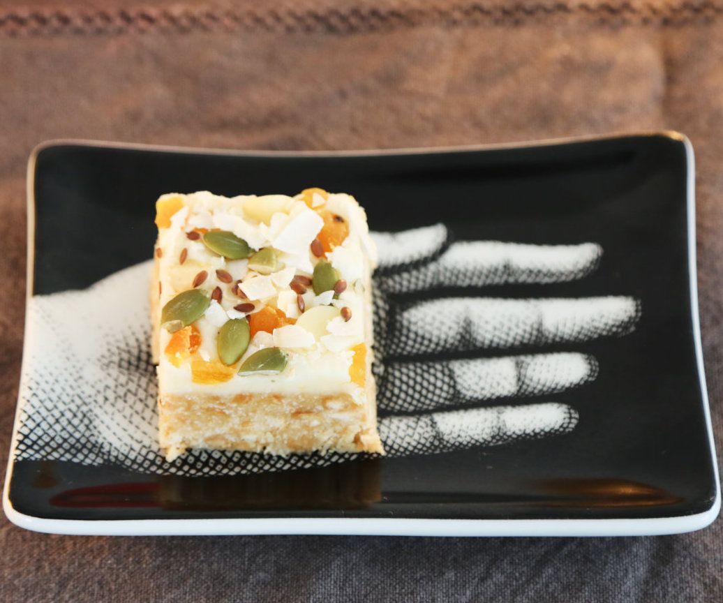 Citrus, apricot and white chocolate fudge topped with dried tropical fruits