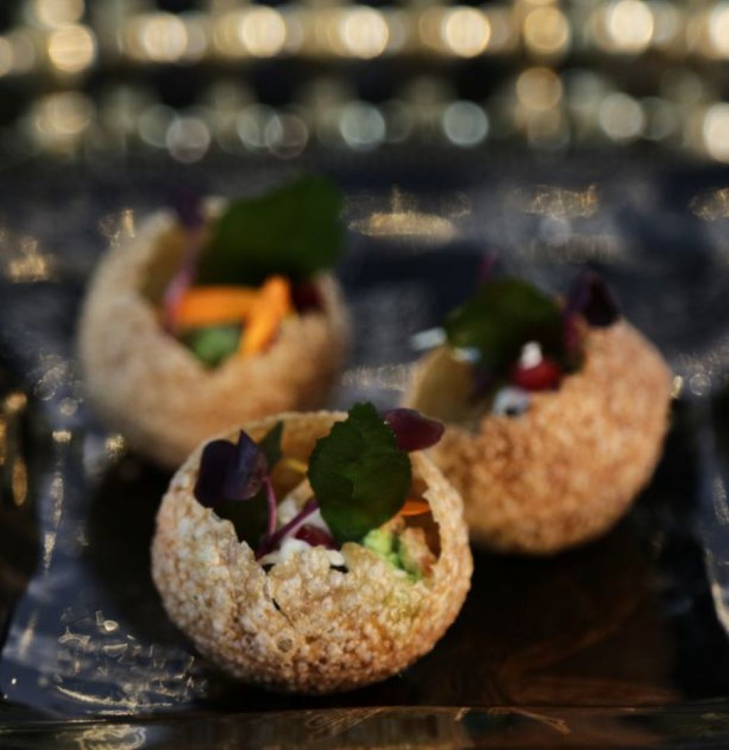 Bombay vegan curry panipuri topped with date tamarind, chutney, and ...
