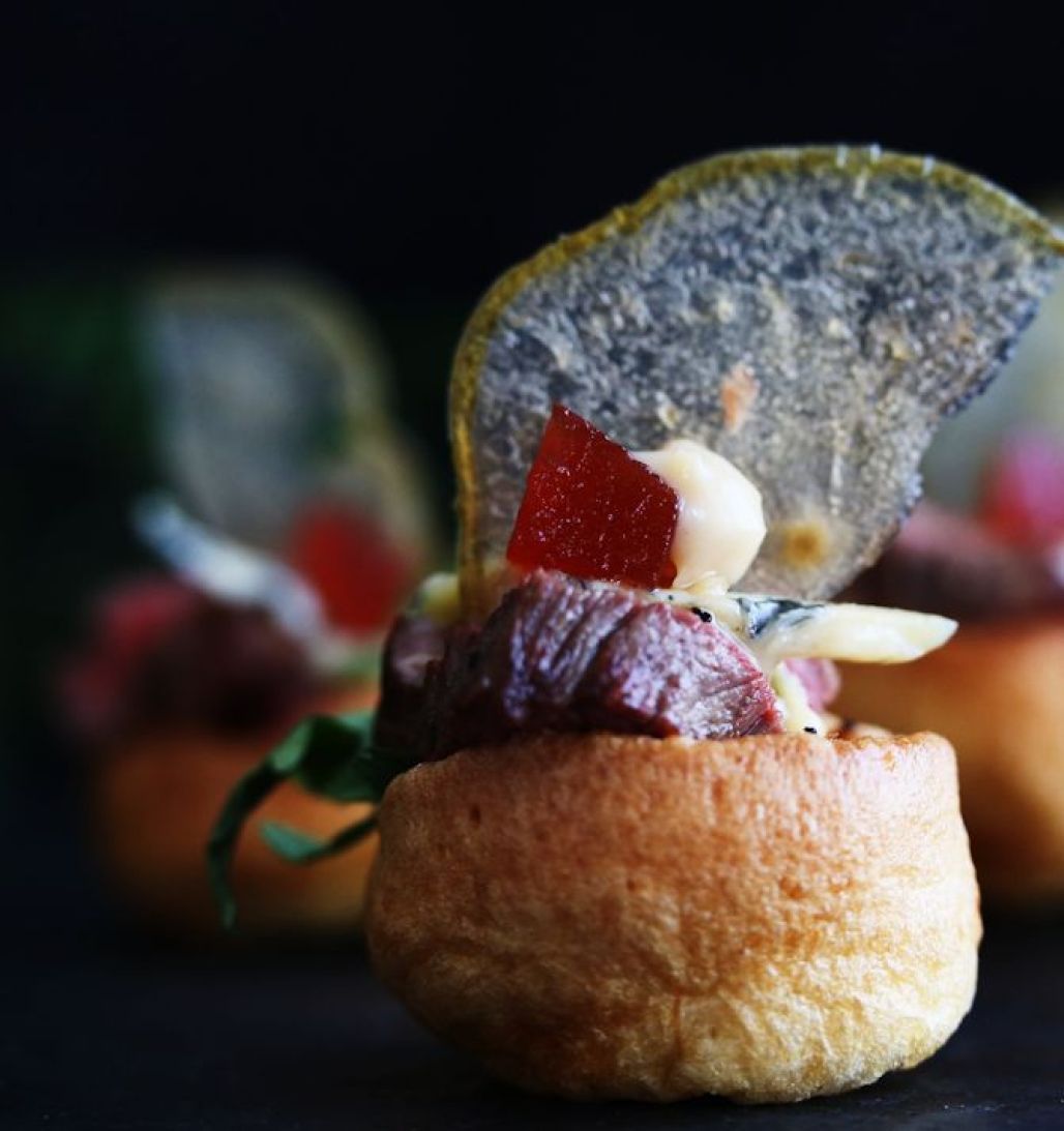 Yorkshire puddings with rare beef, horseradish, quince, and kikorangi ...