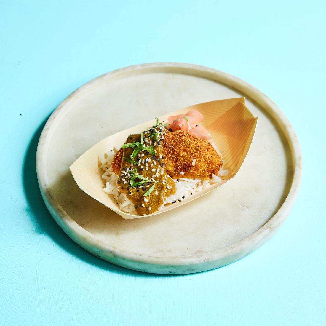 Free-range chicken katsu, steamed rice, pickled ginger and furikake