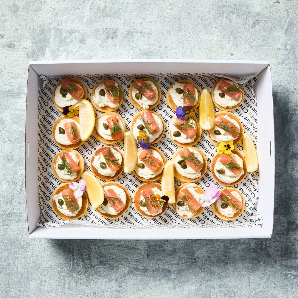 Canapé - Smoked Salmon Blinis, Creme Fraiche + Lemon Caper Dill (Box of 20)