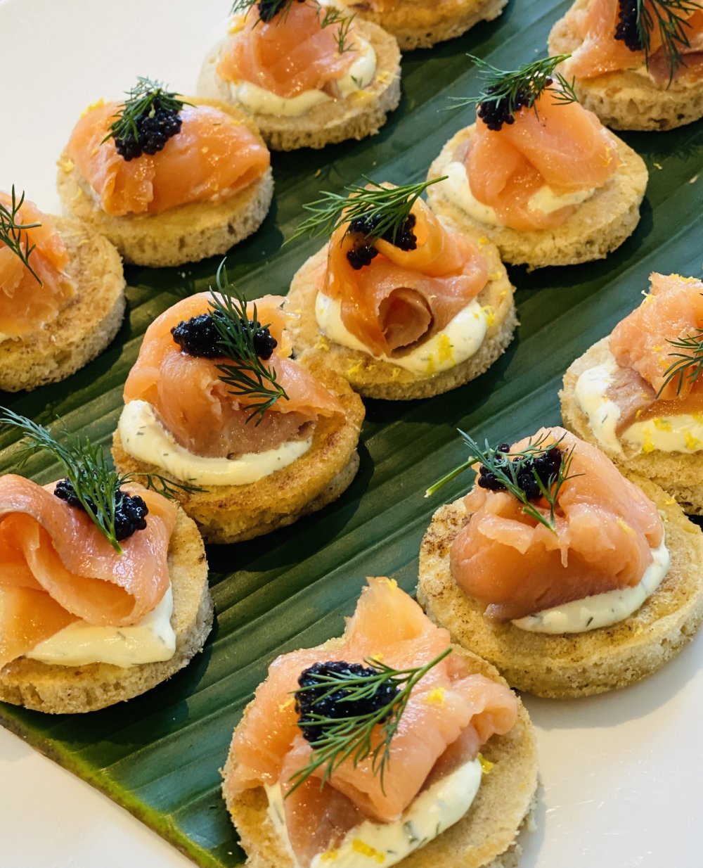 Seafood - Blinis with smoked salmon, creme friache & dill (Box of 20)