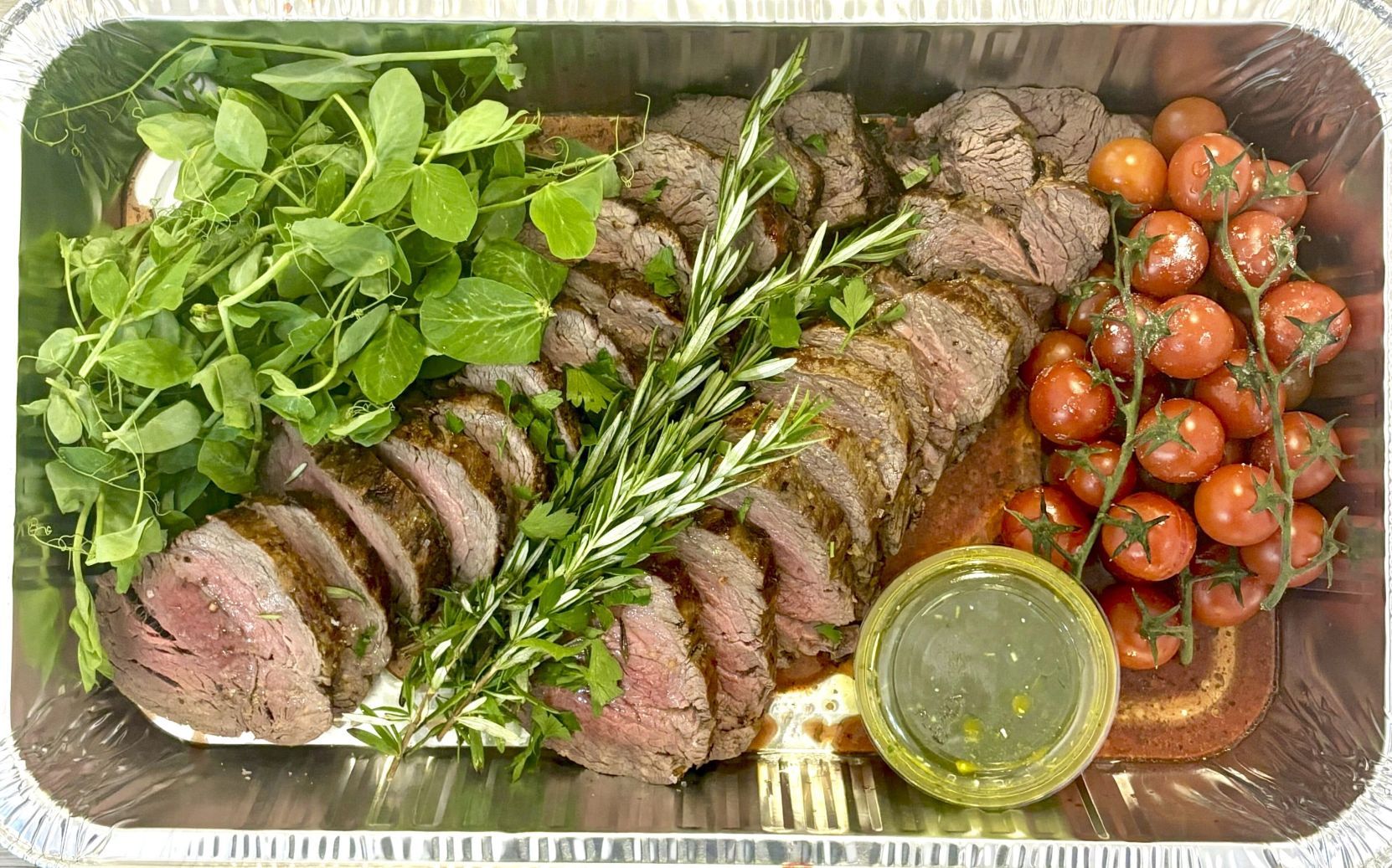 BUFFET - 2.5kg Sliced roasted beef fillet, rosemary salt & salsa verde ...